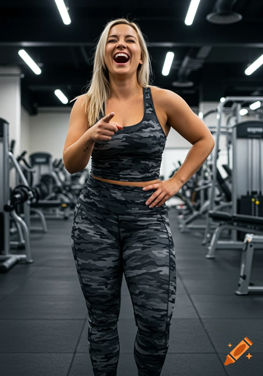 A confident, laughing woman in gym attire pointing at the camera in a ...