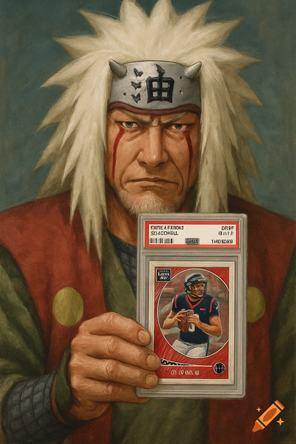 Jiraiya holding a PSA 10 slab CJ Stroud sports card on Craiyon