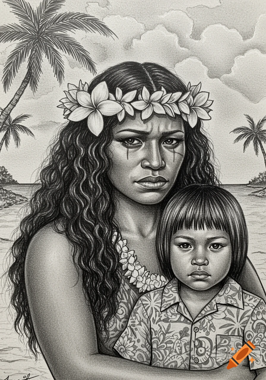 Pencil drawing of a Polynesian mother and son on a beach on Craiyon