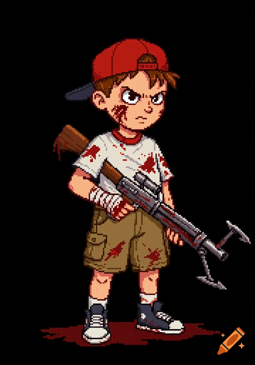 Pixel art of a determined boy with a harpoon rifle in 80s/90s attire ...