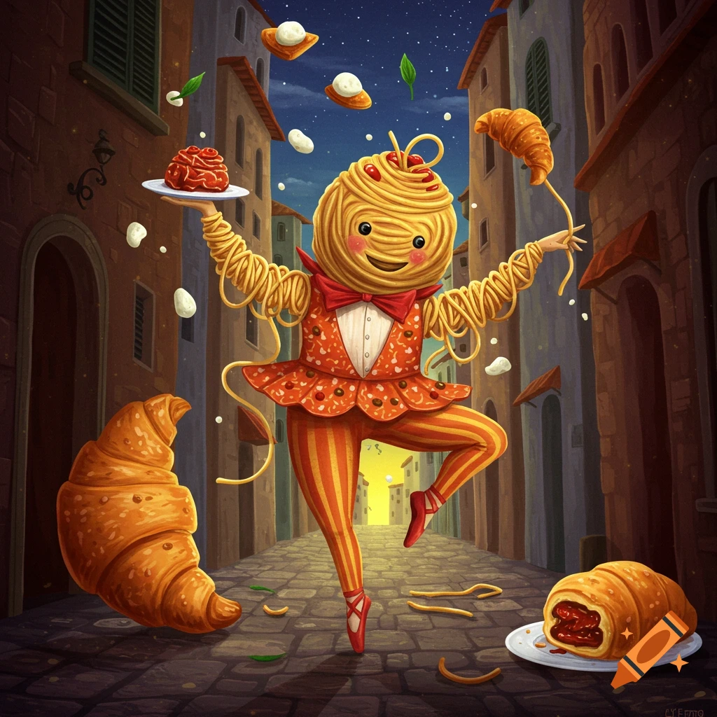 Ballerino Mangino, a dancer with a pasta bowl head, dances in a magical ...