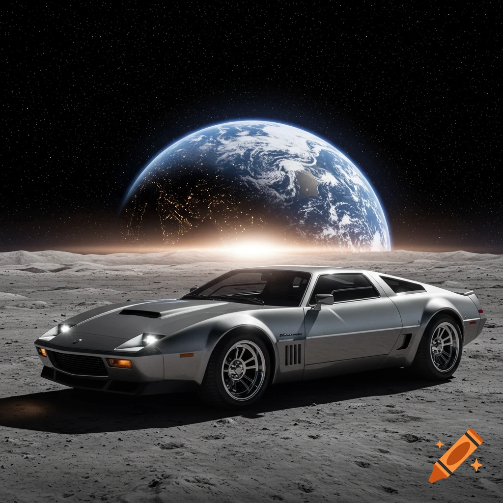 Silver car parked on the moon surface with Earth rising in the ...