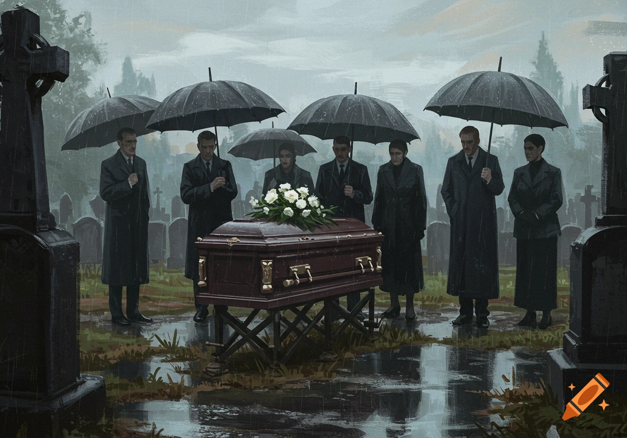 People with umbrellas at a funeral in a cemetery on Craiyon