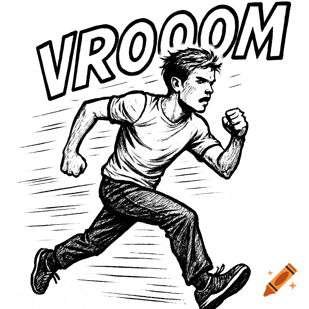 Black and white ink illustration of a person running with 'VROOOM ...