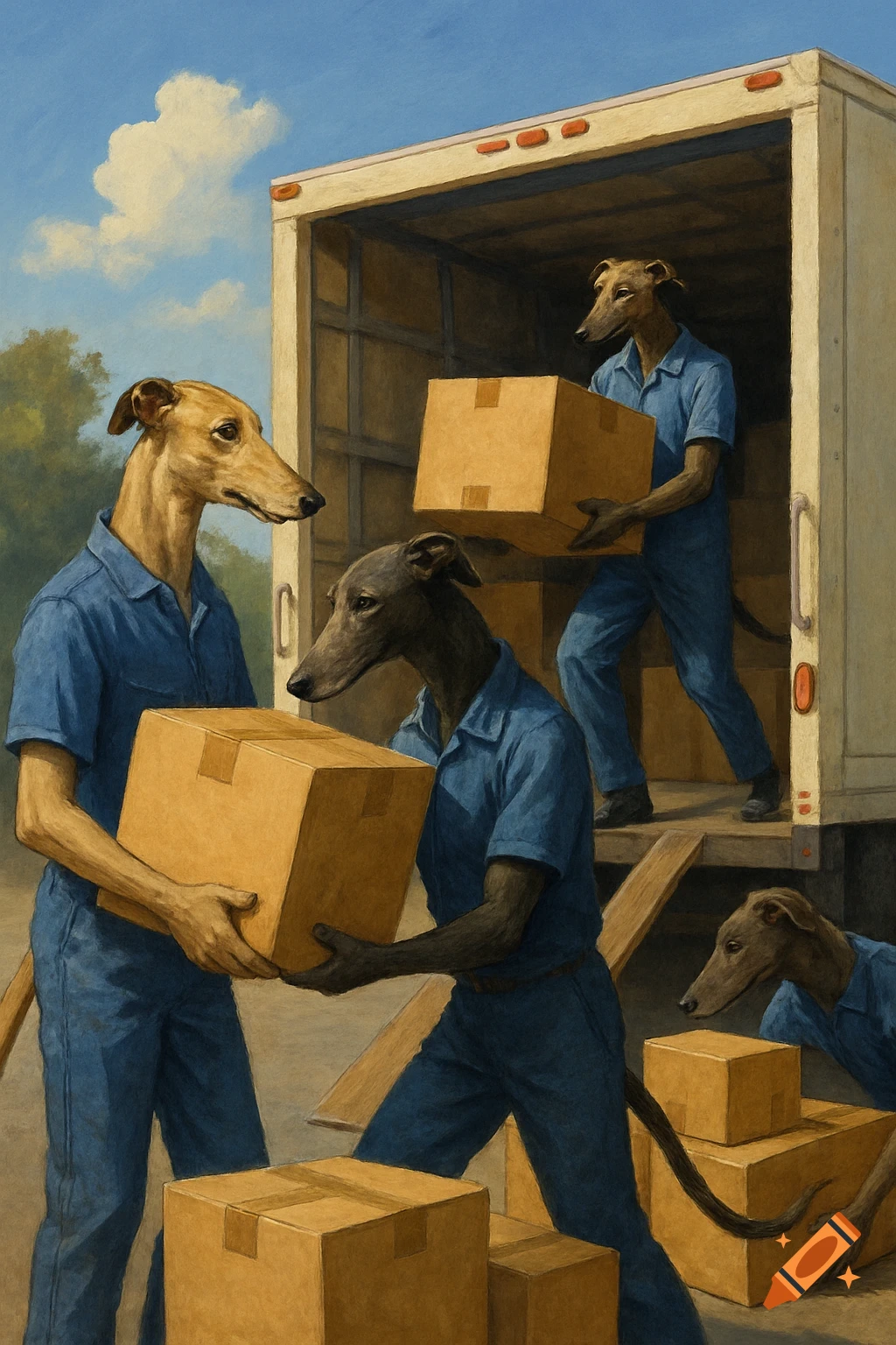 Anthropomorphic greyhound dogs loading moving boxes onto a truck. on ...