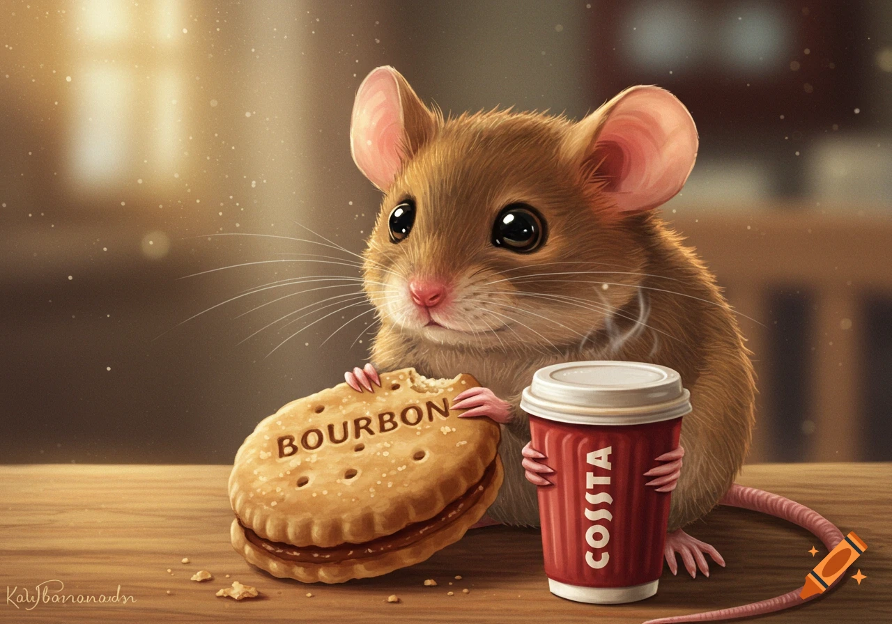 Cute mouse eating a bourbon biscuit and holding Costa coffee on Craiyon