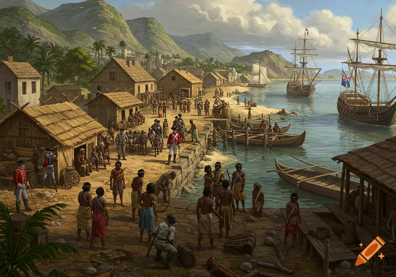 A bustling 1700s fantasy port city scene with ships, people, and ...