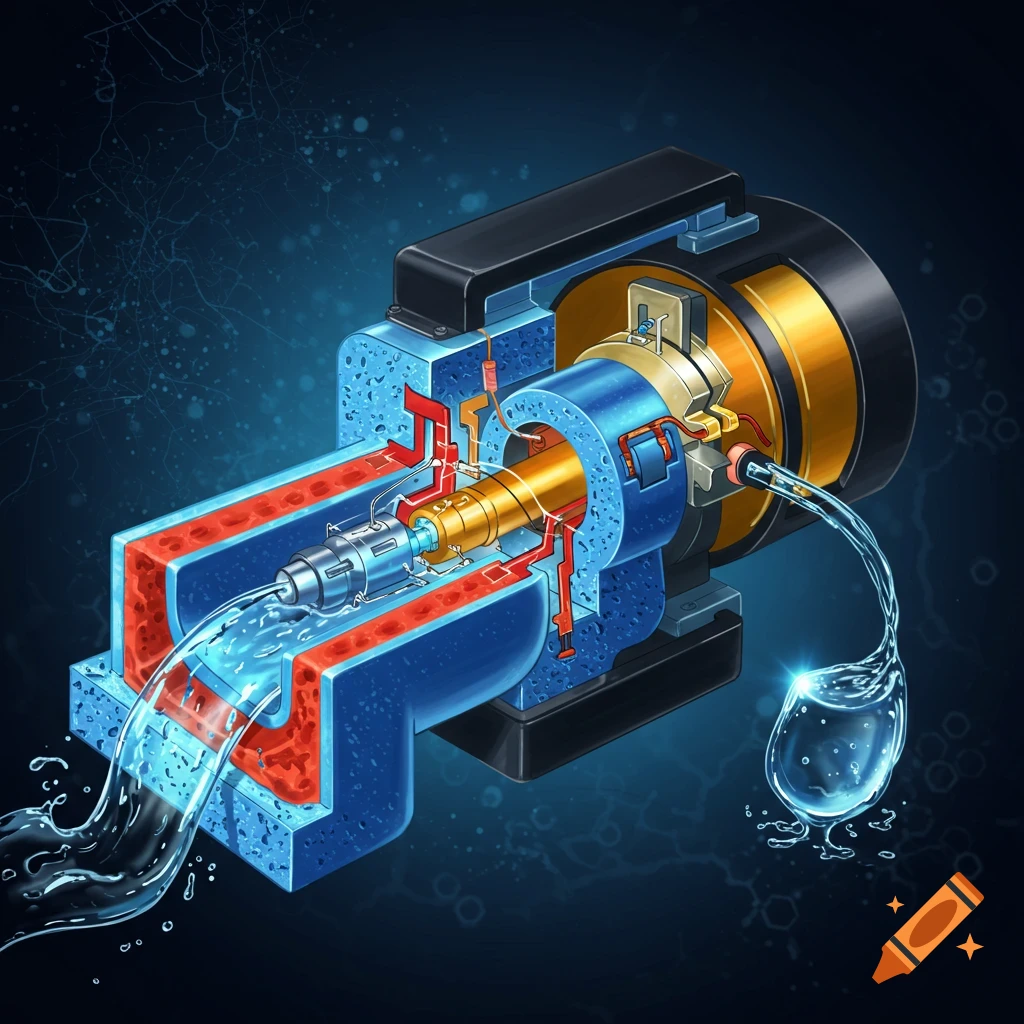 Cutaway diagram of a pump with flowing water. on Craiyon