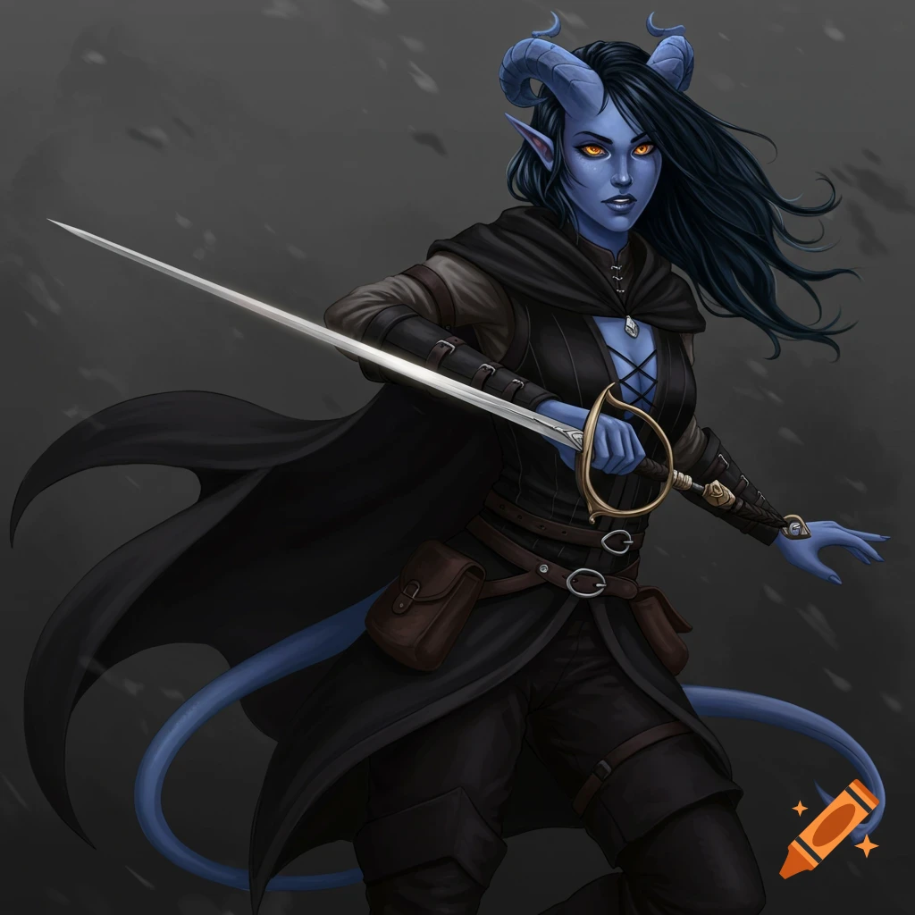 Blue-skinned tiefling with rapier illustration on Craiyon