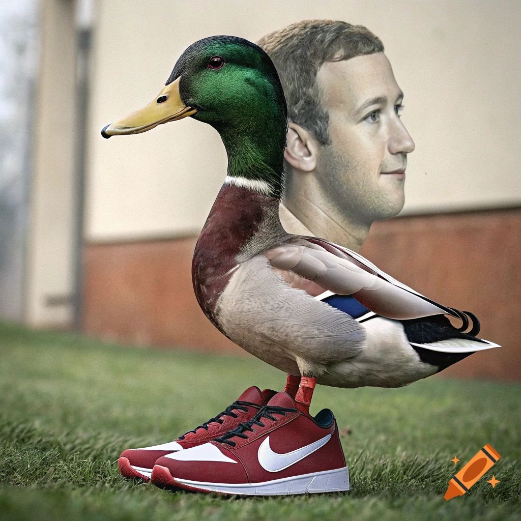 A mallard duck with Mark Zuckerberg's head stands on grass, wearing red ...