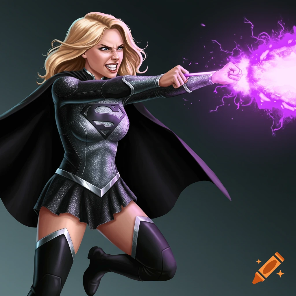 Evil Supergirl variant in black and silver costume shooting purple energy blast. on Craiyon