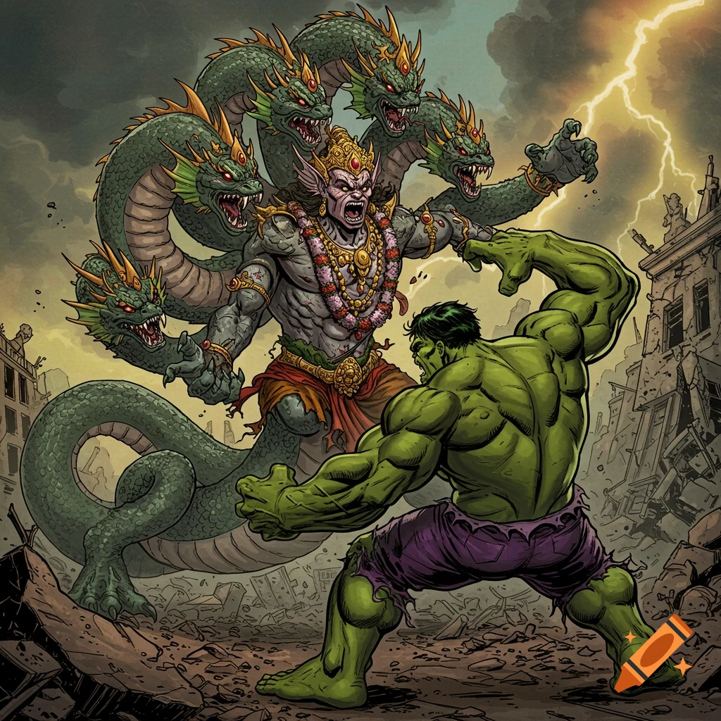 Comic book style image of Hulk fighting a multi-headed serpent creature ...