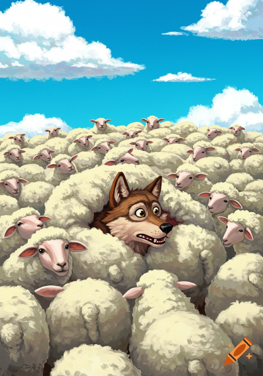 A scared wolf hiding among a large flock of sheep. on Craiyon