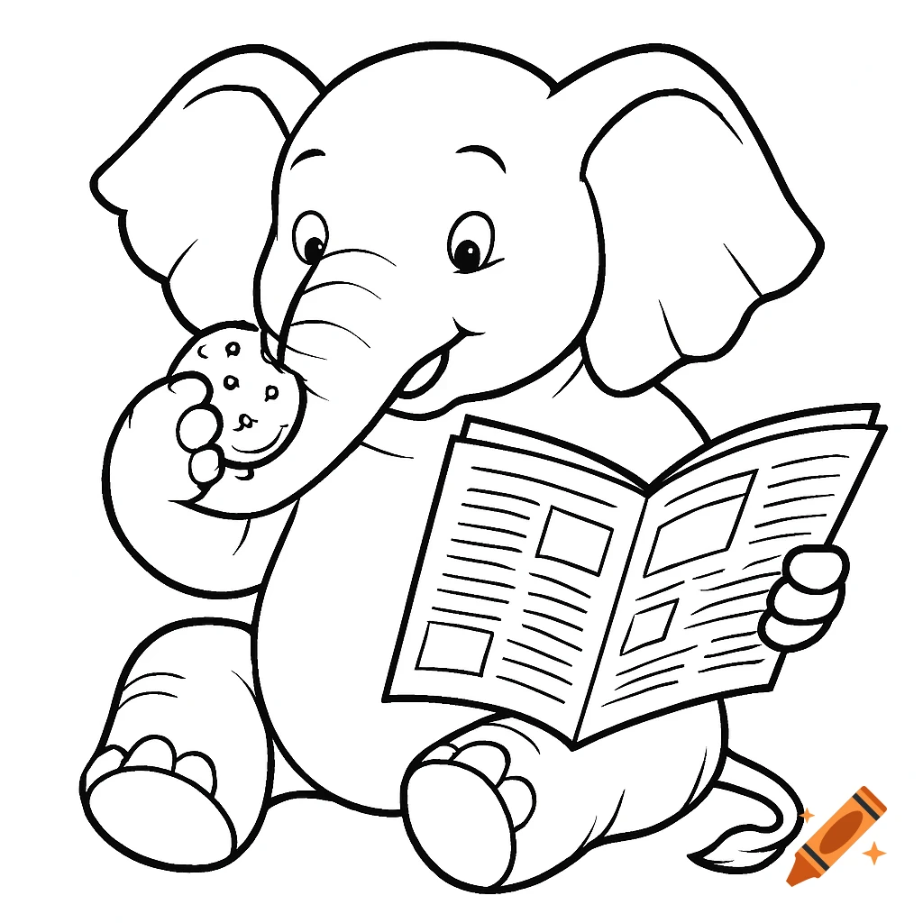 A black and white cartoon elephant, standing with its trunk raised ...