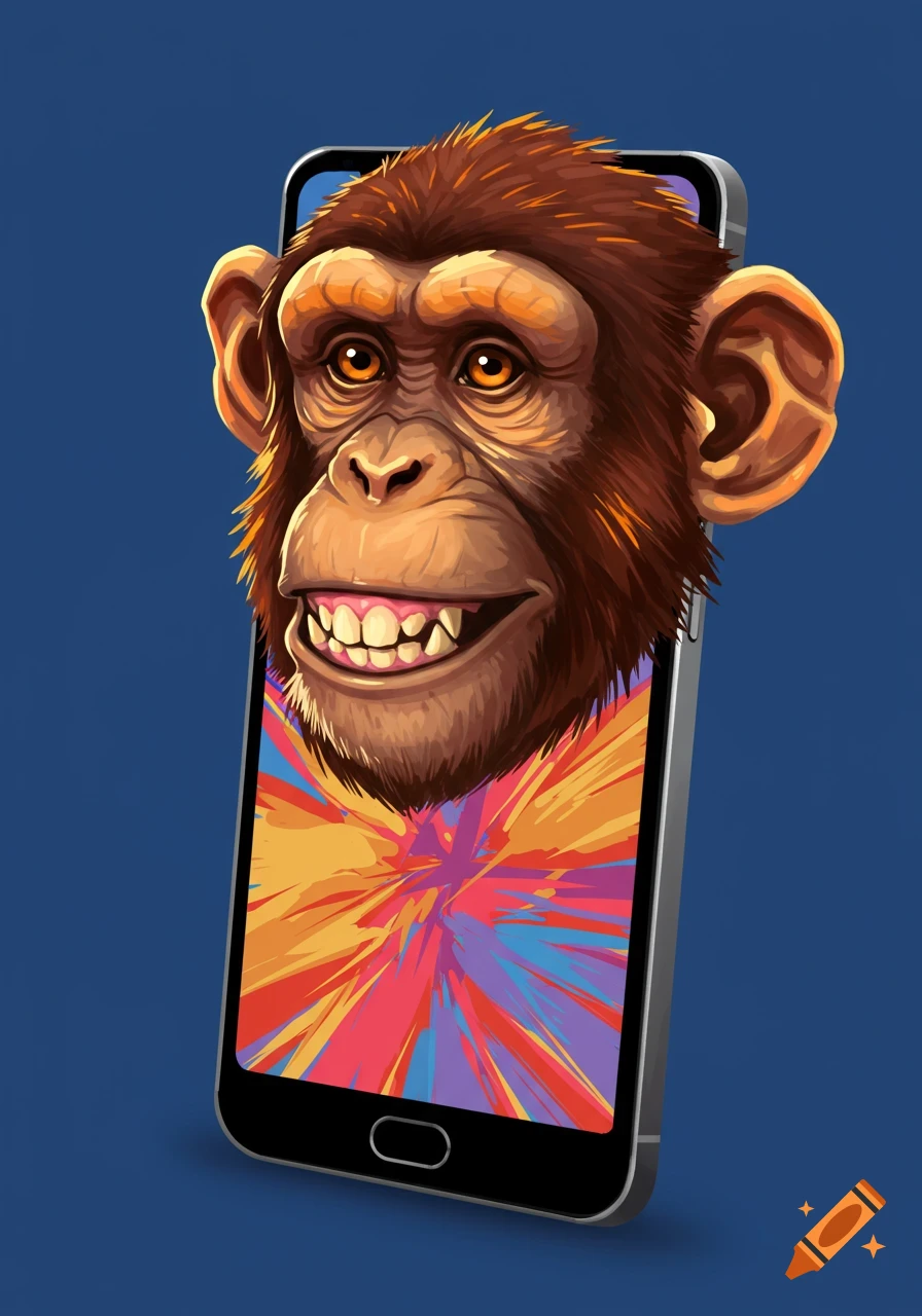 A smiling monkey head emerges from a phone screen with a colorful ...