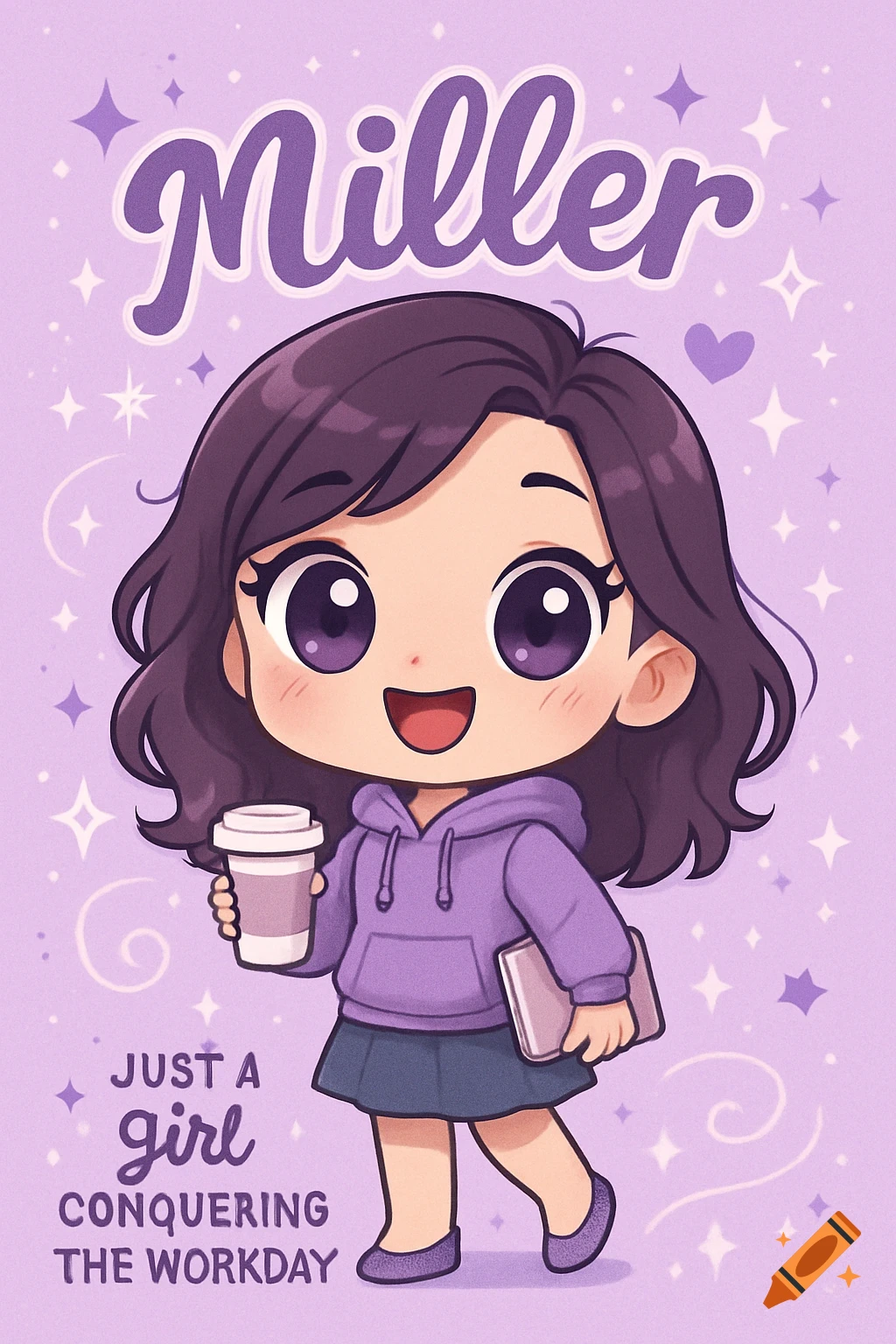 Chibi-style animated female character with oversized eyes, purple ...