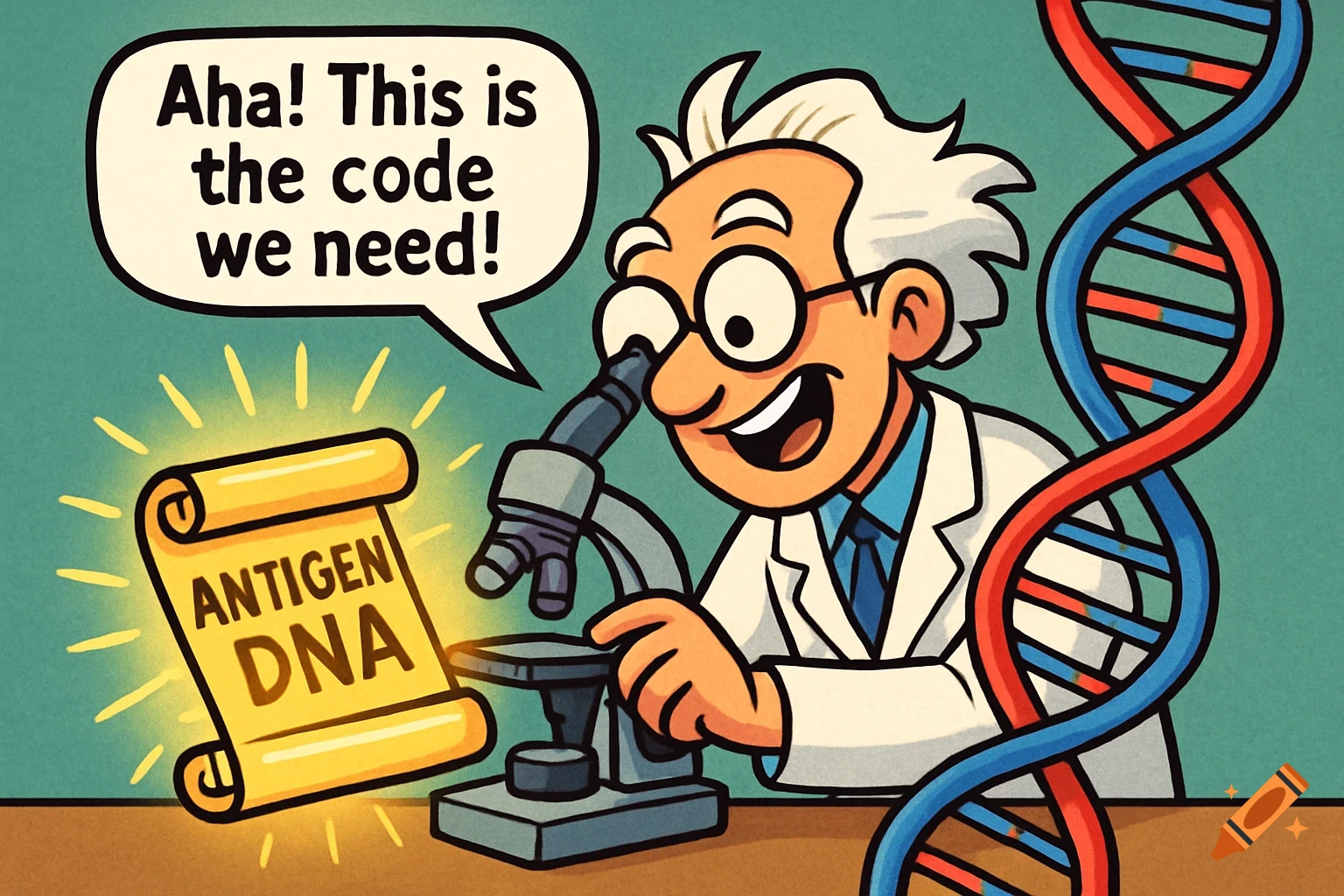 Cartoon scientist examines a glowing scroll with 'ANTIGEN DNA' under a ...