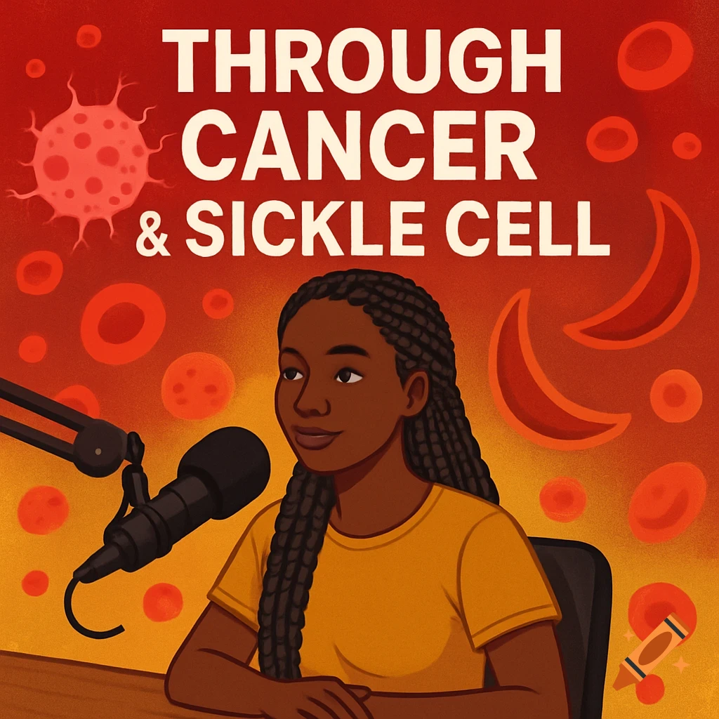 Illustration of a woman podcasting with stylized cells in background ...