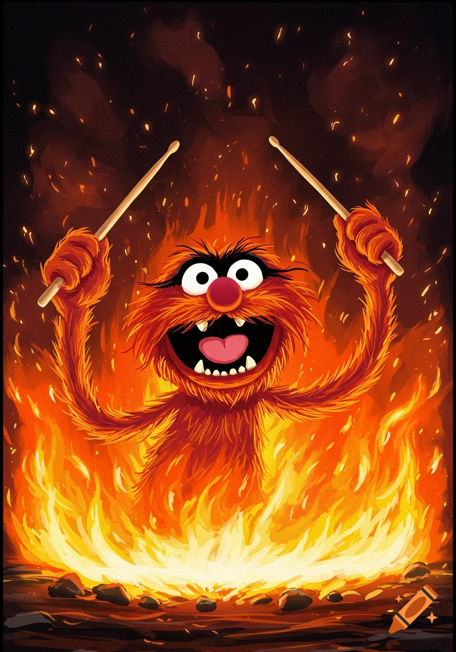 Animal muppet surrounded by fire holding drumsticks. on Craiyon