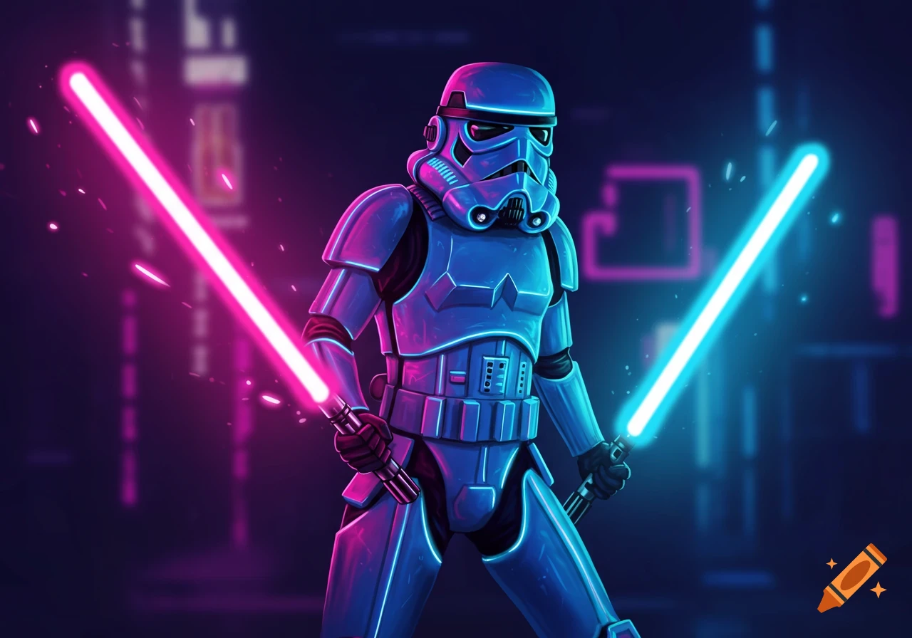 Blue and pink neon stormtrooper with lightsabers on Craiyon