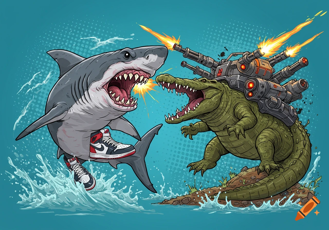 Cartoon shark with machine guns and eyepatch riding a tornado and ...