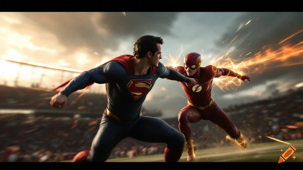 Photorealistic movie still of Superman, Flash, and Silver Banshee ...
