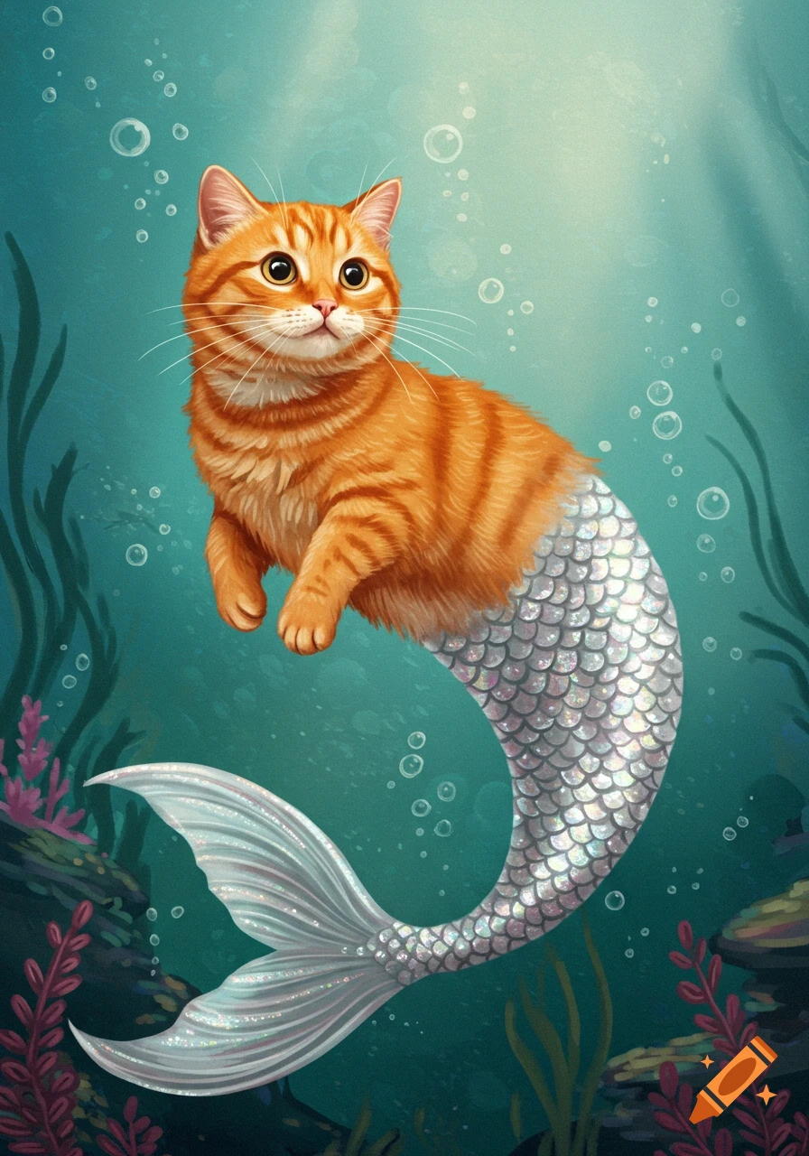 Ginger cat with a silver mermaid tail on Craiyon