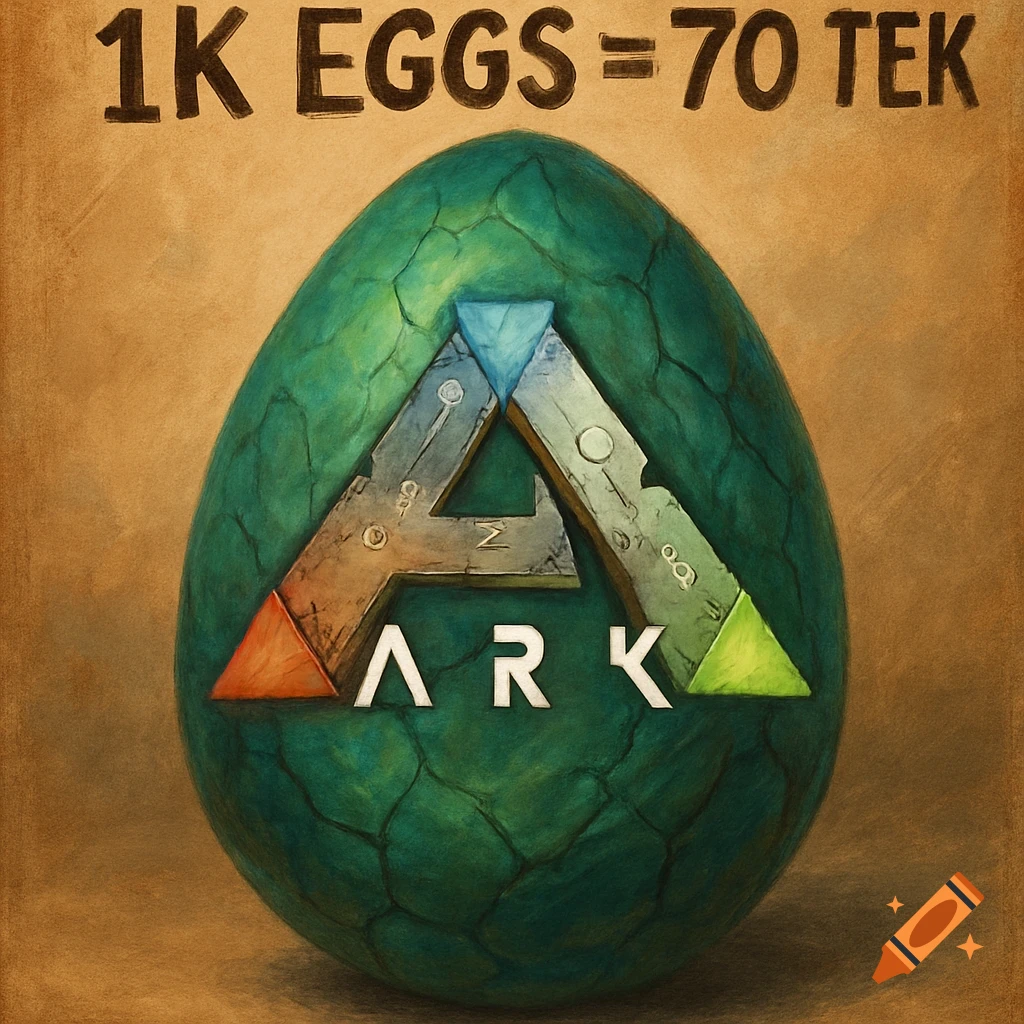 Ark easter egg with the text "1k eggs = 70 tek" on Craiyon