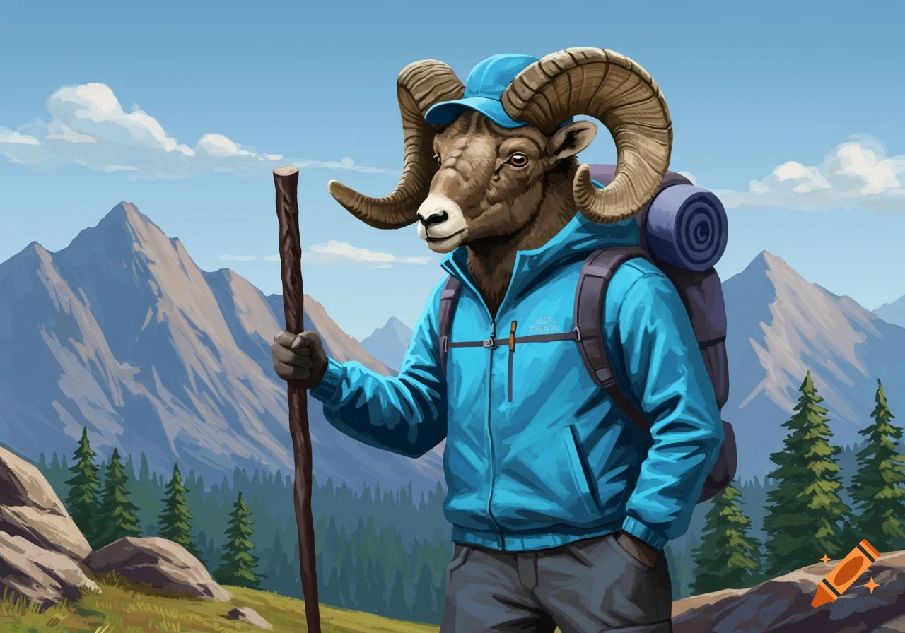 Big horn sheep wearing blue hiker gear with walking stick and cap on ...