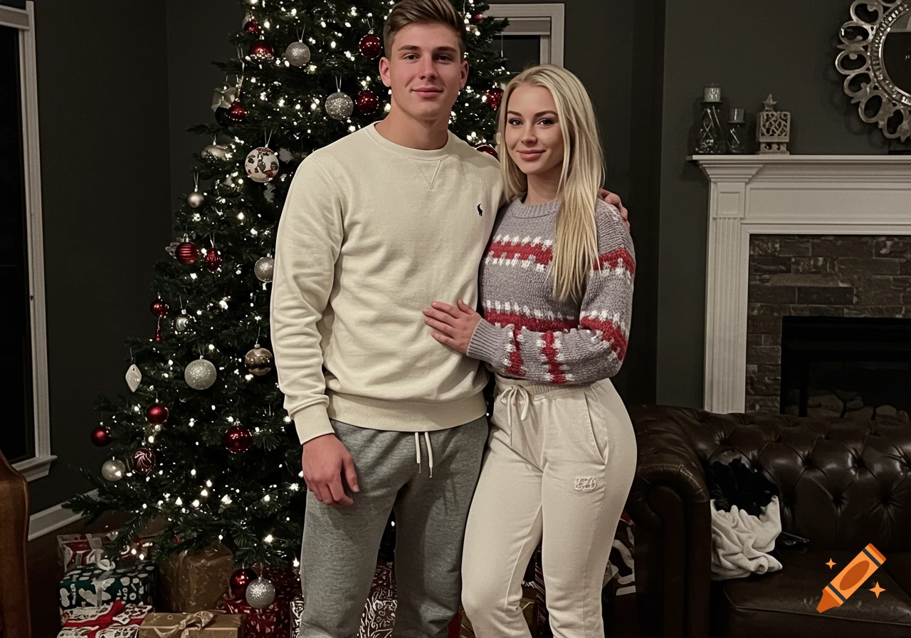 A couple poses by a decorated Christmas tree with wrapped presents. on ...