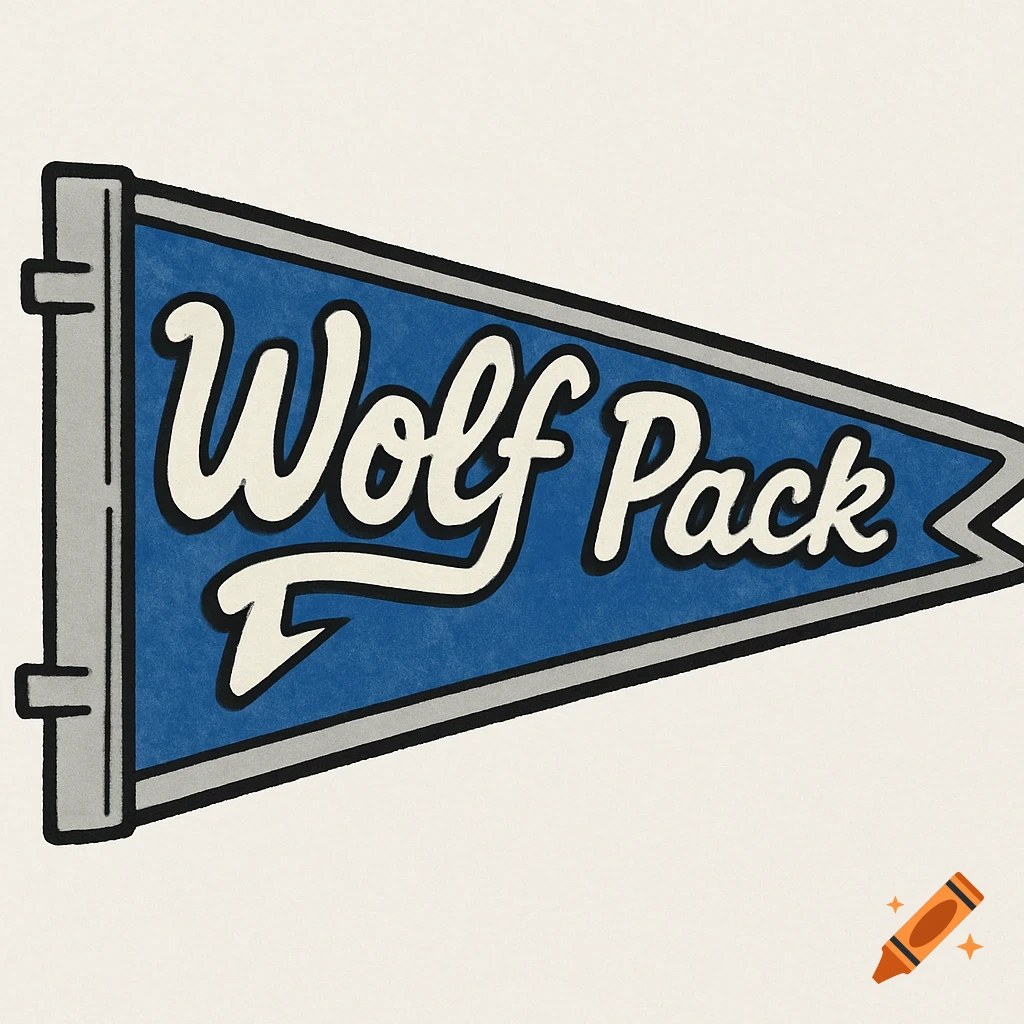 Cartoon blue pennant flag with silver trim reads 'Wolf Pack'. on Craiyon