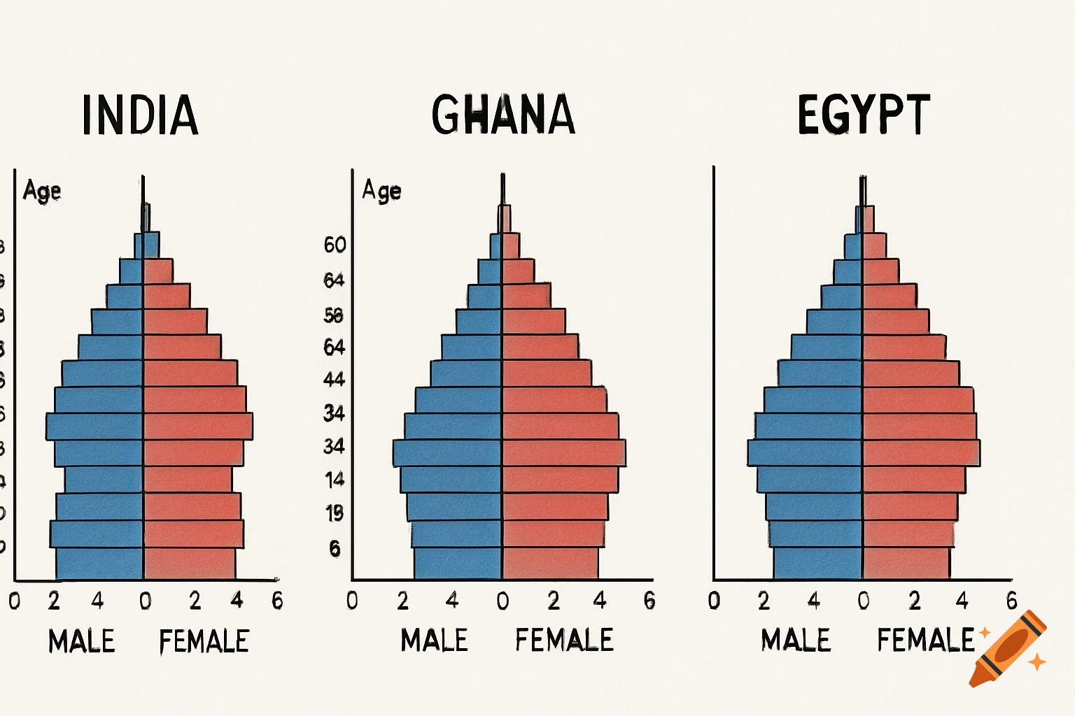 Sketches of population pyramids for 3 countries with growing ...