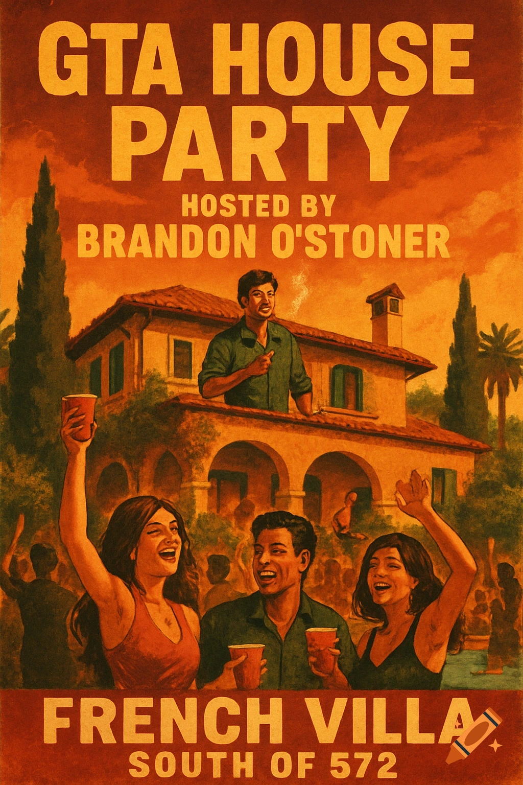 GTA house party advertisement with Brandon O'Stoner at a French villa ...