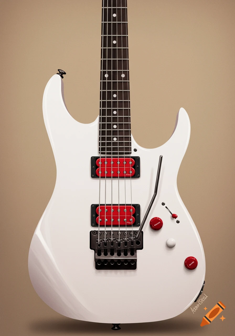 A white electric guitar with red pickups and tremolo bar. on Craiyon