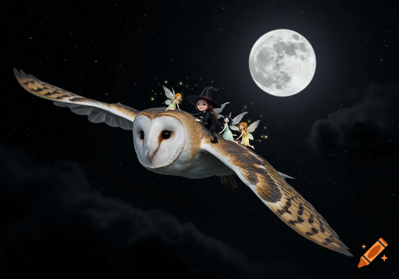 Barn owl with witch and fairies riding on its back on Craiyon