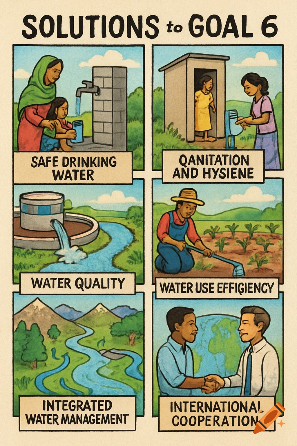 Hand-drawn illustration of solutions for water and sanitation ...