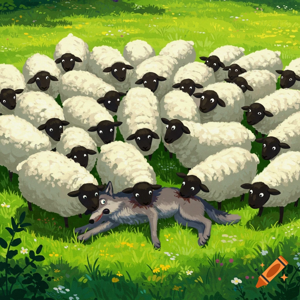 A herd of cartoon sheep surround and eat a wolf in a grassy field. on ...