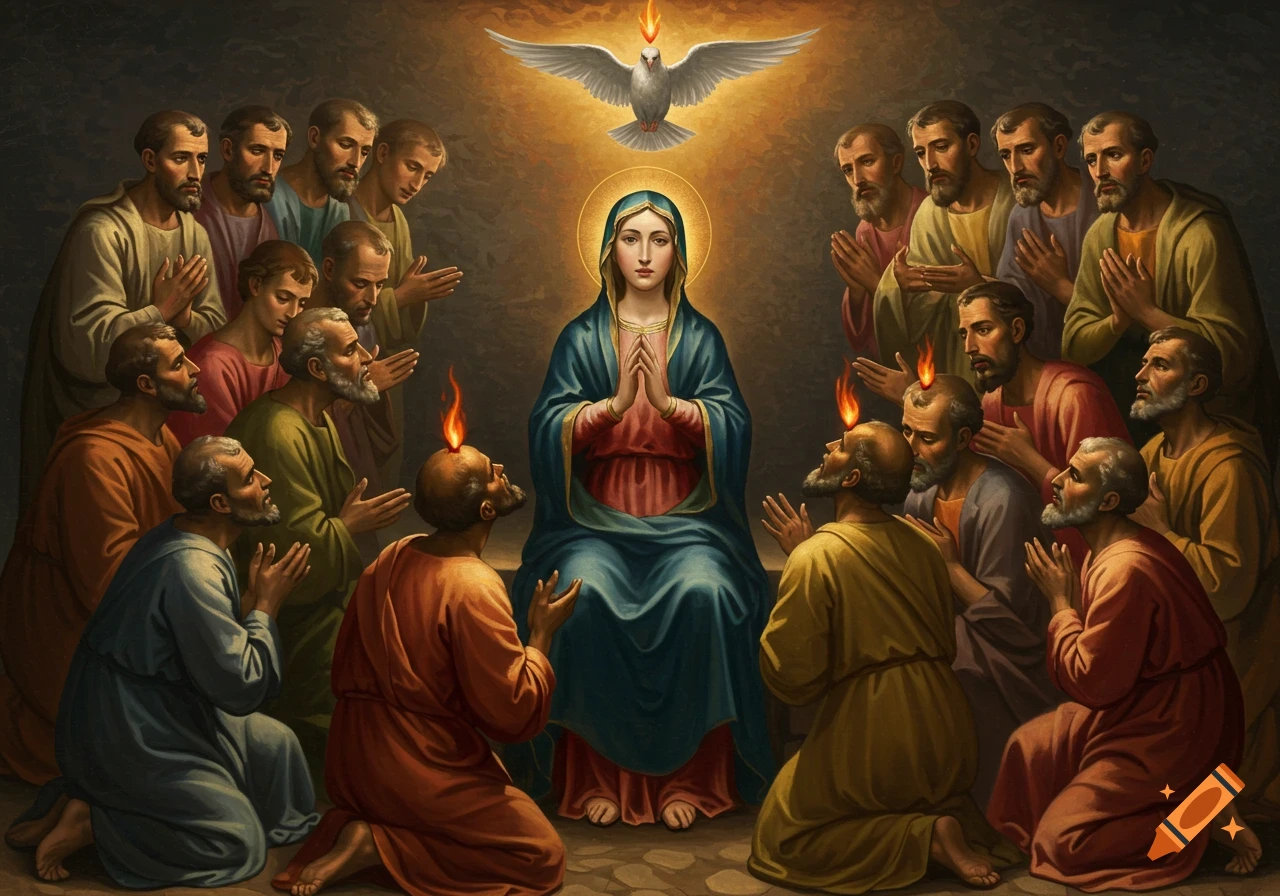 The Virgin Mary with twelve disciples and a dove, tongues of fire above ...