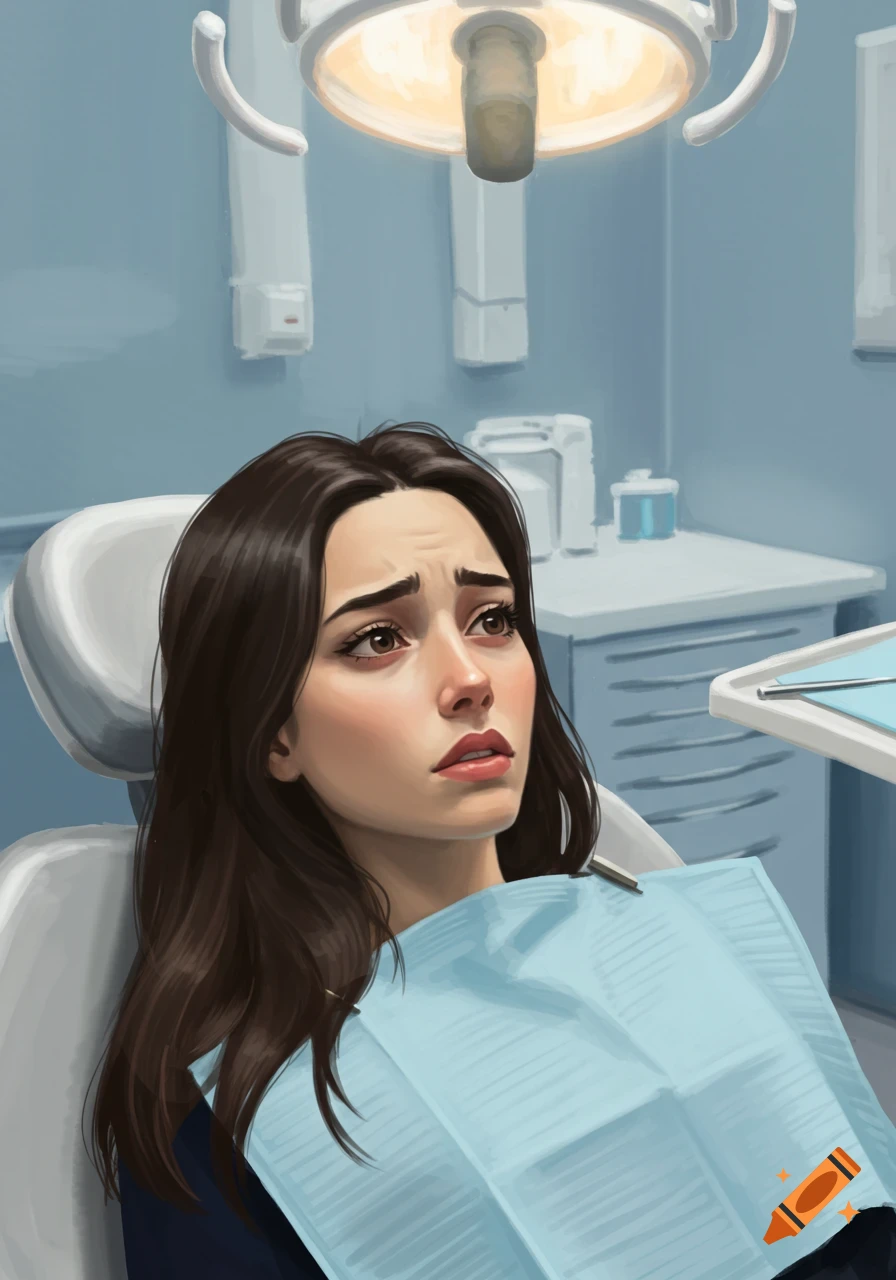 An anxious woman in a dentist chair with a bib. on Craiyon