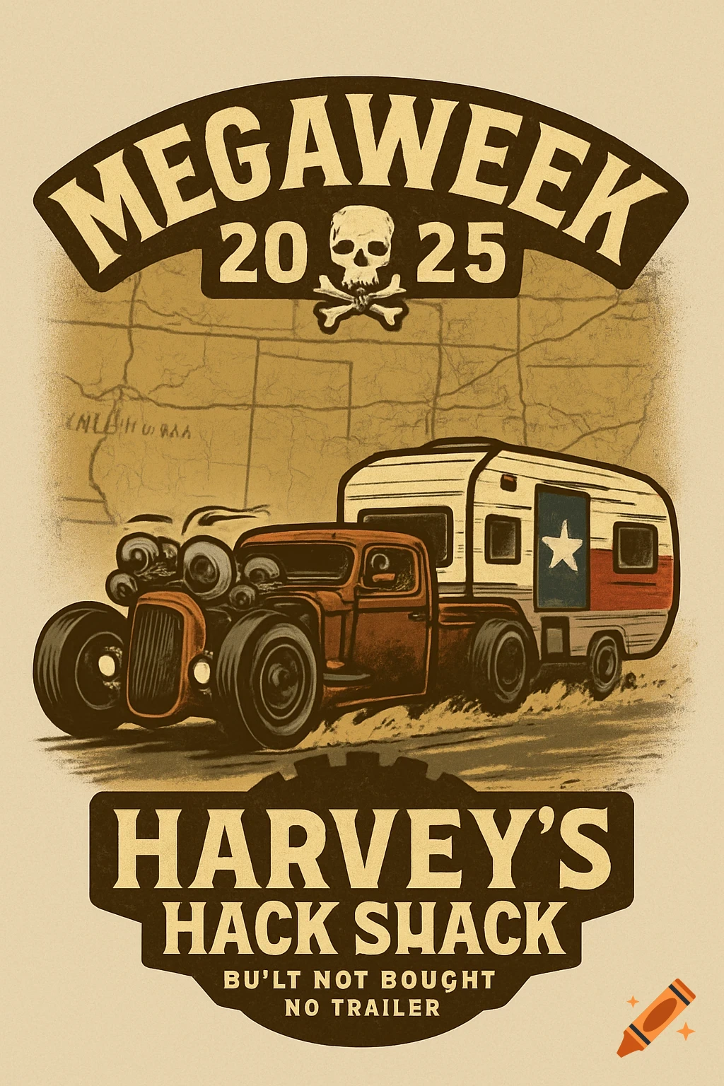 Harvey’s Hack Shack MegaWeek 2025 T-shirt design featuring a rat-rod ...