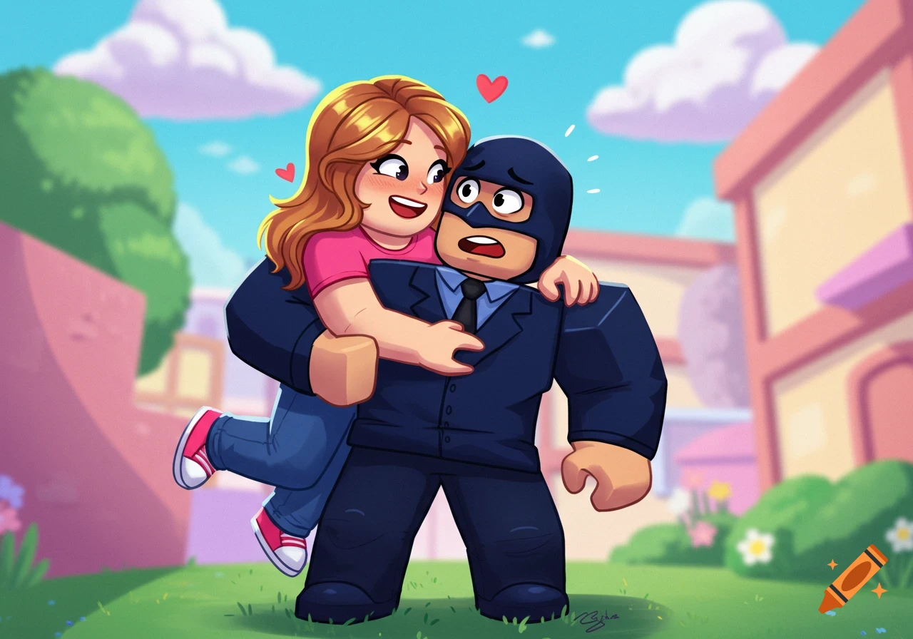Cartoon digital art of a female Roblox character hugging a masked spy ...