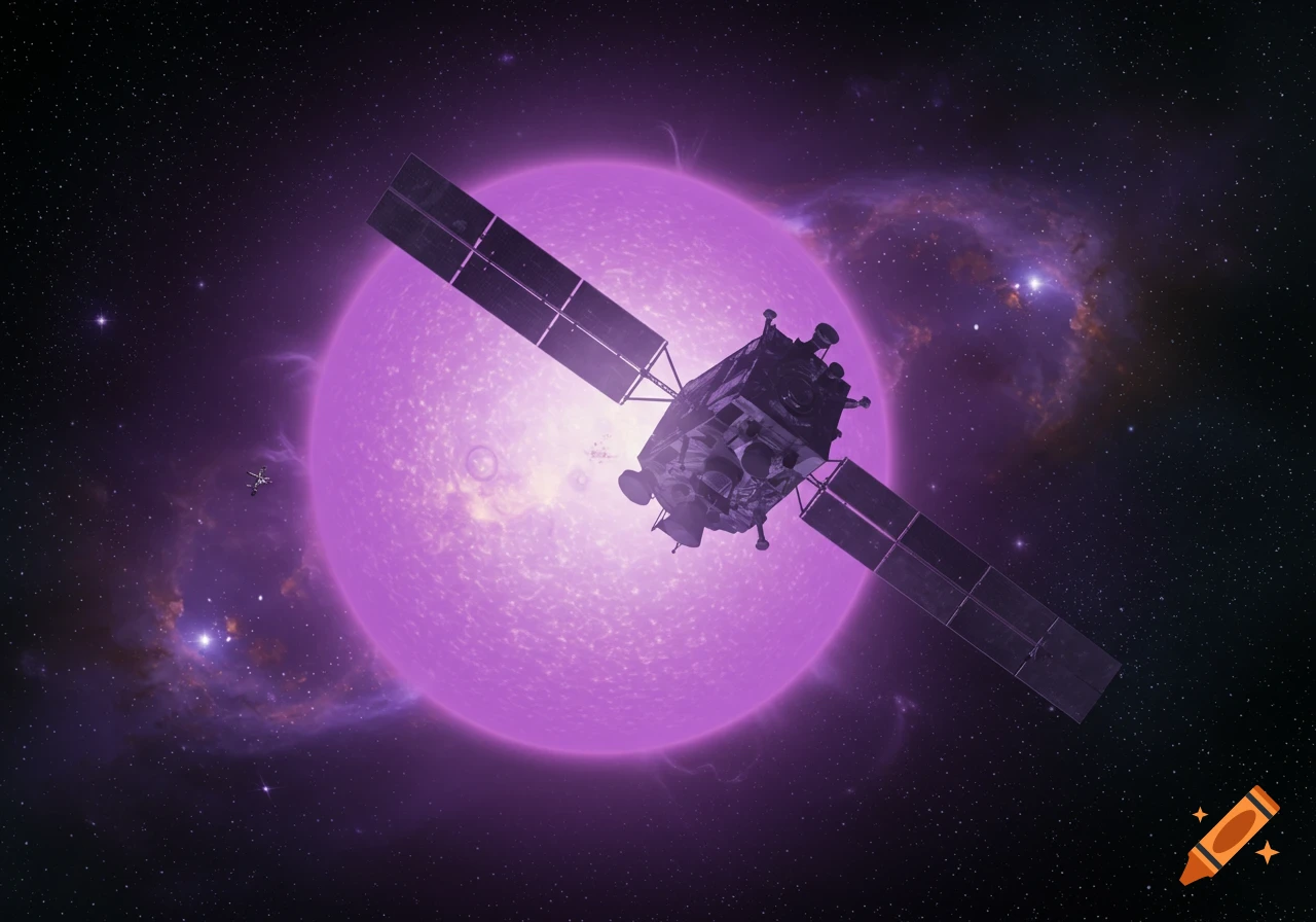 A detailed photorealistic satellite with solar panels and a dish ...