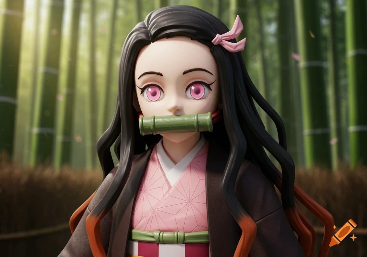Anime character Nezuko Kamado with bamboo muzzle in a bamboo forest on ...