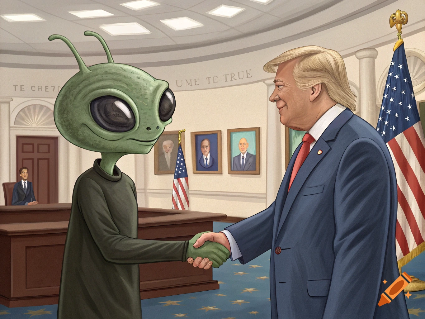 Donald Trump and a figure like the Statue of Liberty hold up torches in ...