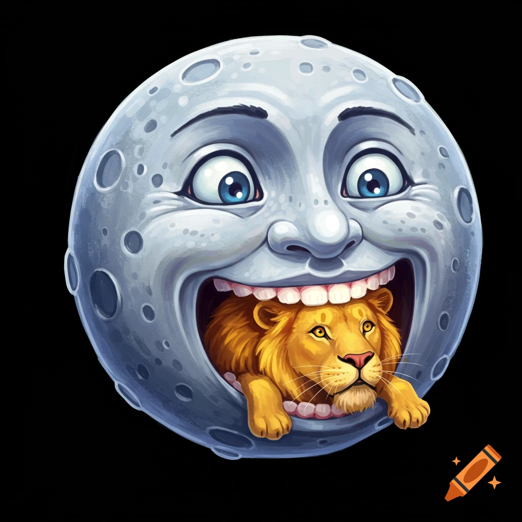 A cartoon moon with a wide-open mouth is eating a lion. on Craiyon
