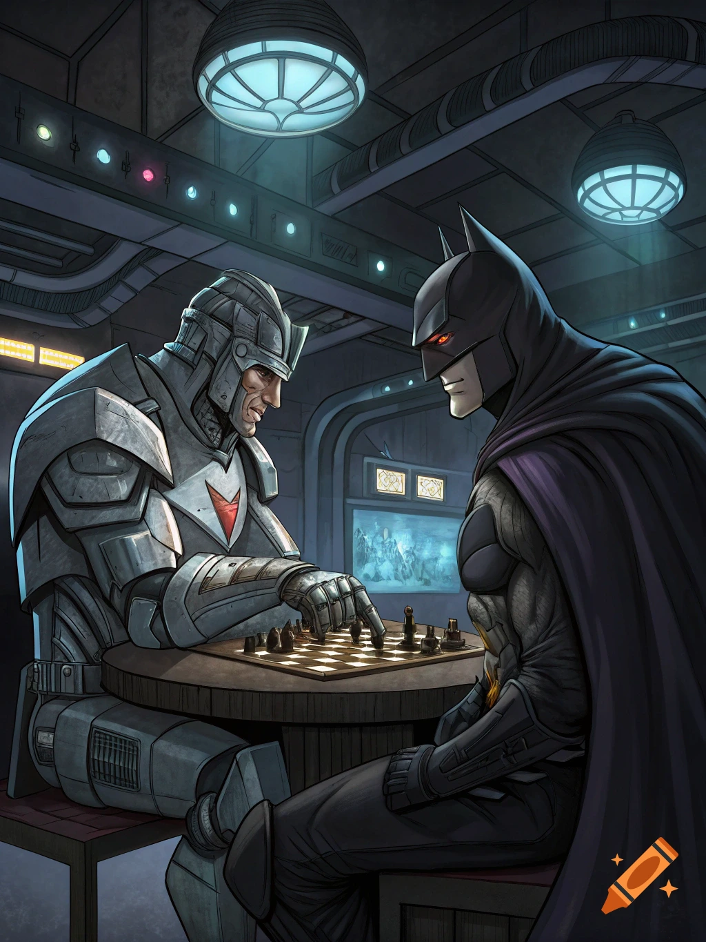 Megatron playing chess with Batman on Craiyon