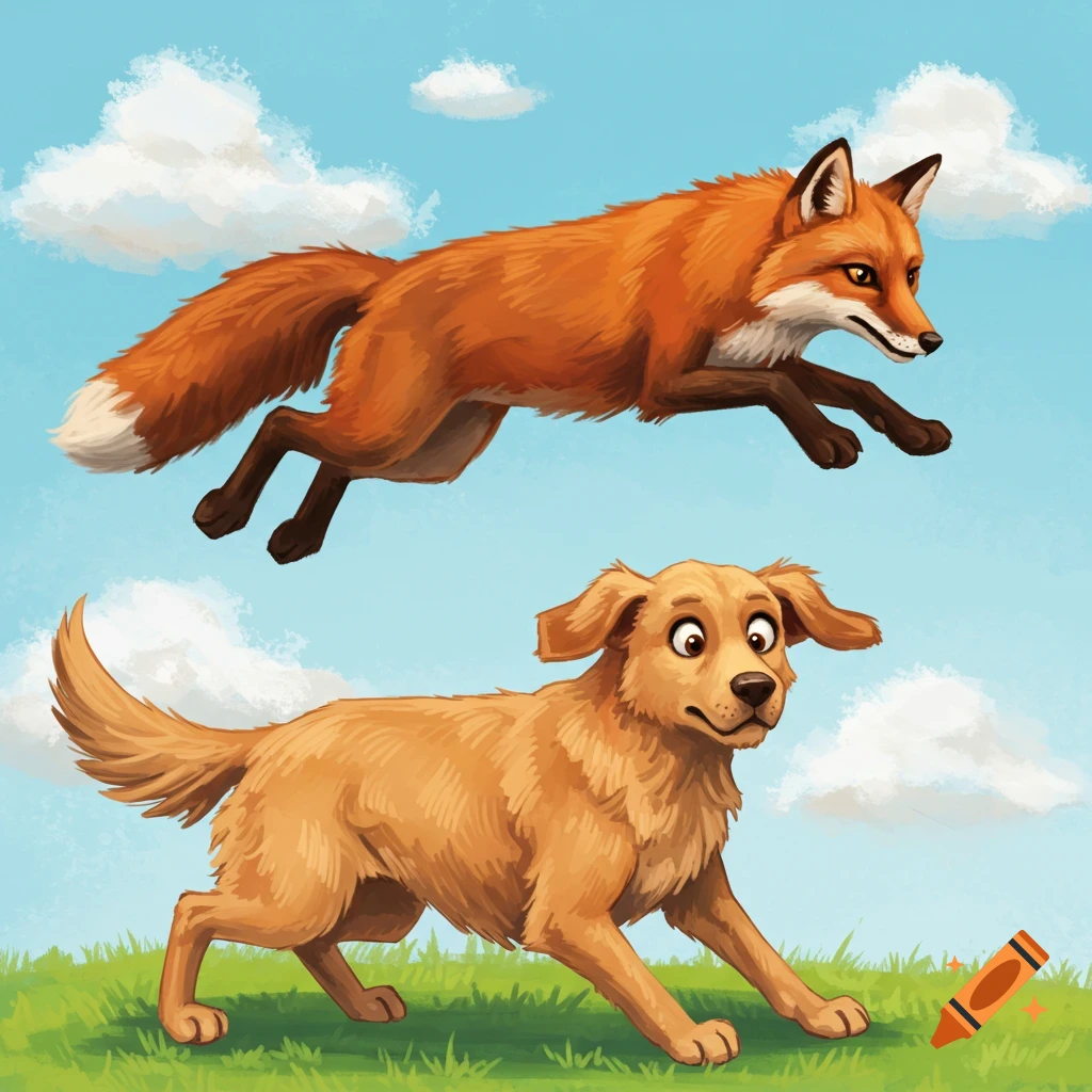 An illustration of a reddish-brown fox jumping over a sleeping brown ...
