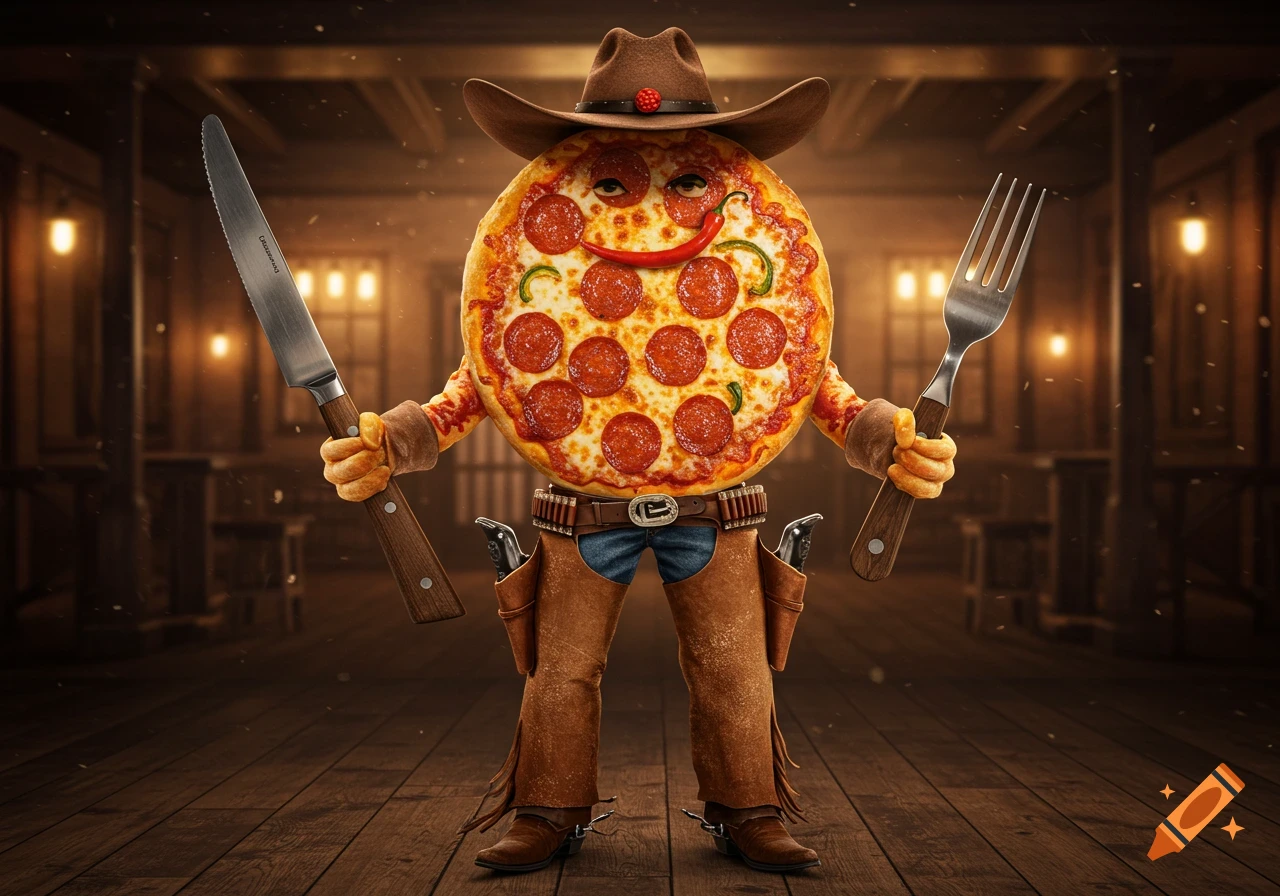 A pepperoni pizza character dressed as a cowboy holds a knife and fork ...
