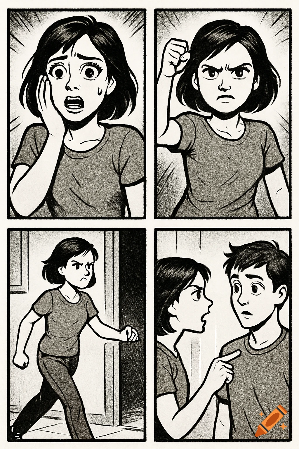 Black and white comic strip showing two people talking on a couch. on Craiyon