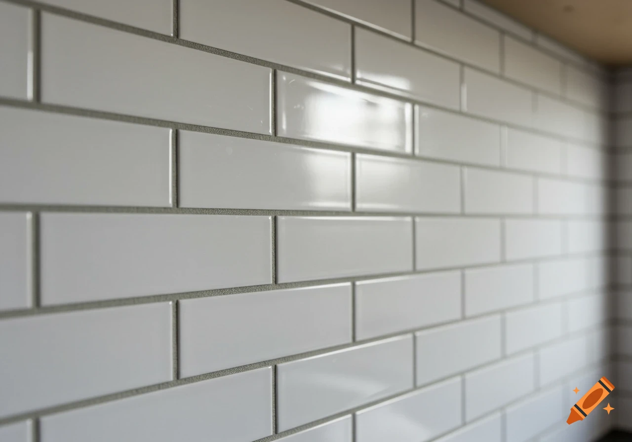 Close-up view of glossy white subway tiles with grey grout. on Craiyon